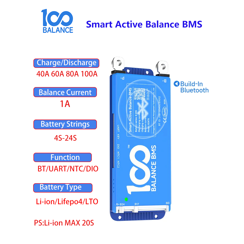 4s-24s Smart BMS 1A Active Balance 4S~8S BT Protective board 16S 12v 24v 36v 100A Lifepo4 Li-ion ...