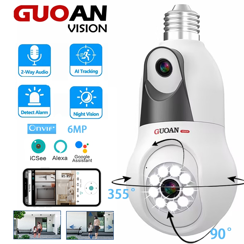 GUOANVISION CCTV Camera 6MP PTZ WiFi ICSEE HD Bulb Lamp AI Humanoid ...