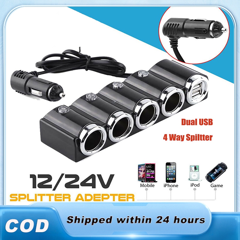 4 Way 12V 24V Multi Socket Car Cigarette Splitter USB Dual USB Plug ...