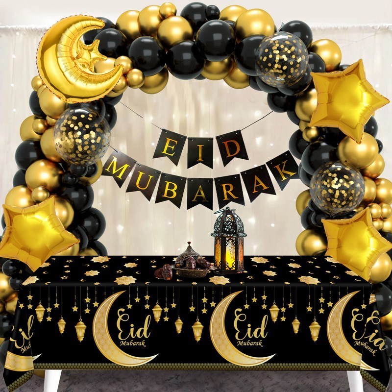 Black Gold Eid Mubarak Balloon Banner Set Tablecloth Moon Star Foil ...