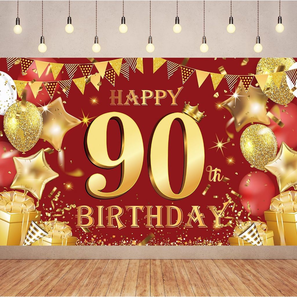 150x100cm Red Gold Birthday Photography Backdrops Red Gold Happy 90th ...