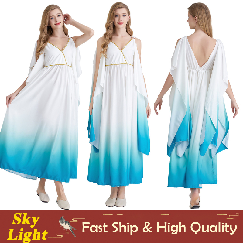 Greek Goddess Blue White Dress For Adult Woman Greece Traditional ...