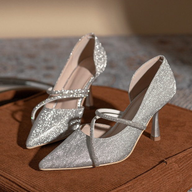 Women's High Heels Pointed Toe Backless Stiletto Heels Sequins | Shopee ...