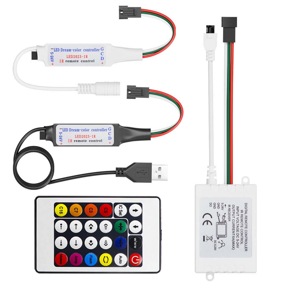 USB/DC WS2811 WS2812B RGBIC Led Strip Controller 24Keys IR Remote ...