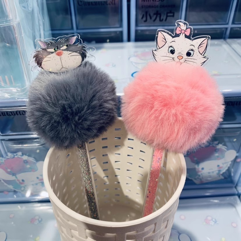 Miniso Disney Cat Series Fur Ball Gel Pen Stationery Writing Pen Black ...