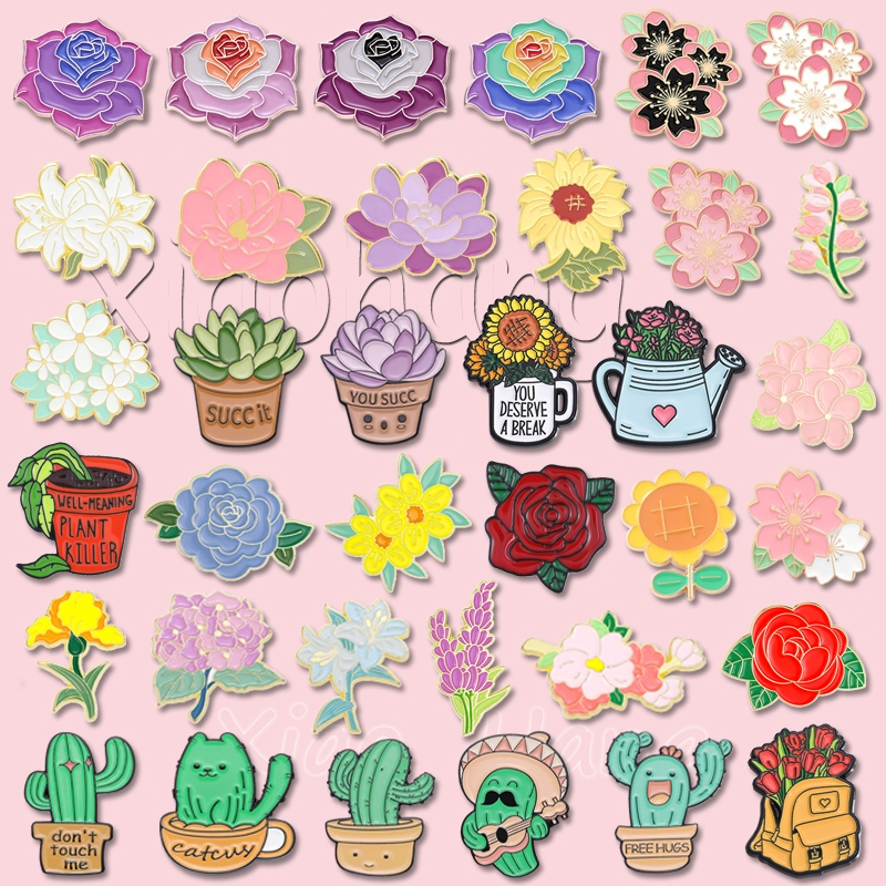 Cartoon Flower Rose Enamel Pins Flowers Brooches Cherry Blossoms ...