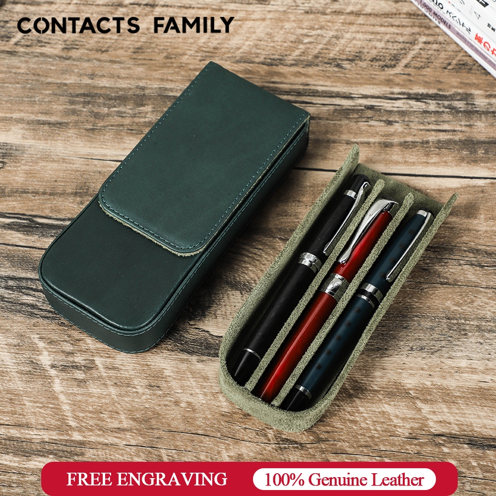 CONTACTS FAMILY Genuine Leather 3 Slots Pen Case With Removable Pen ...