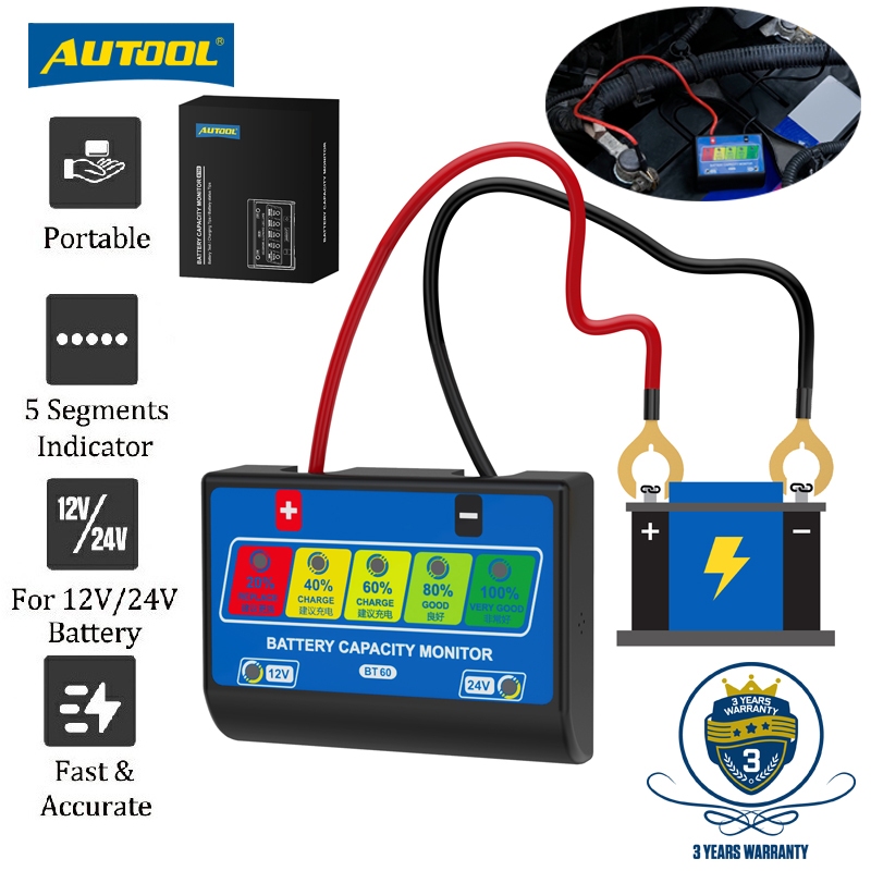 AUTOOL BT60 Battery Capacity Monitor Meter 12V/24V Battery Tester ...