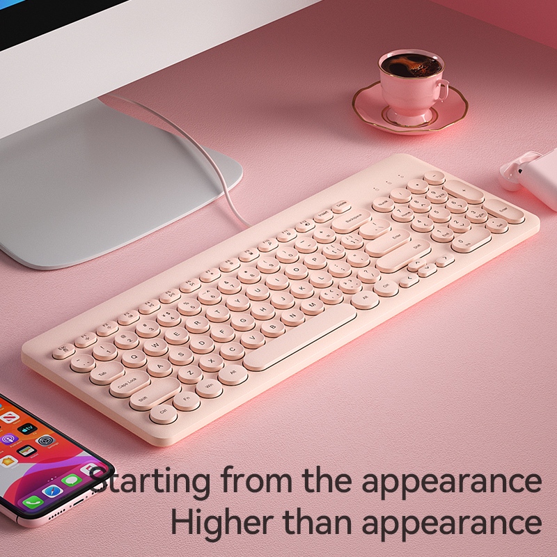 BOW K221U Wired Keyboard 96 Keys Pink White Ergonomic Retro Punk ...