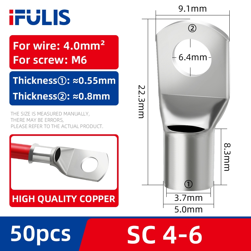 SC16-6 SC25-8 SC35-8 SC1.5-95mm² Tinned Thicken Copper Lugs Ring Bolt Hole Crimp Terminal Wire ...