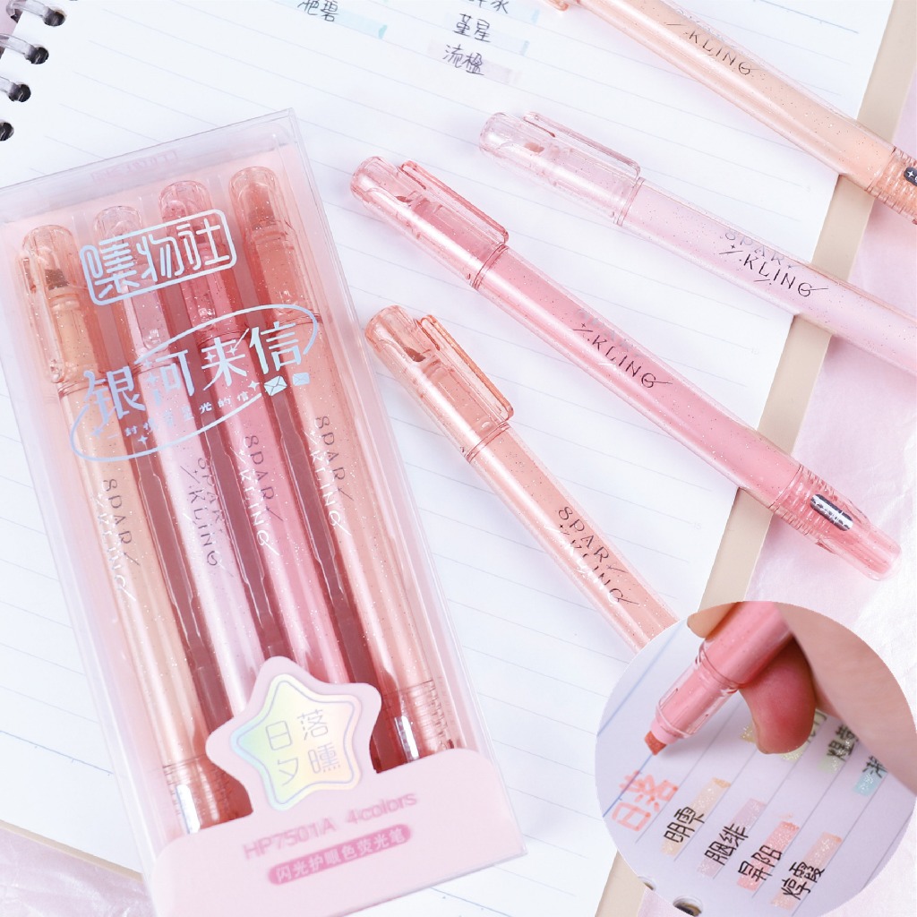 4pcs/set Glitter Highlighter Morandi Color Marker Flexible Line Width ...