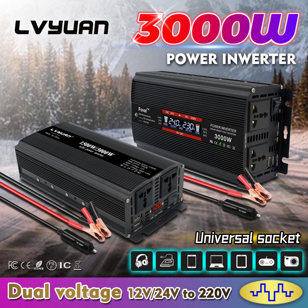 3000W Car Power Inverter DualVoltage DC 12V/24V to AC 220V-240V ...