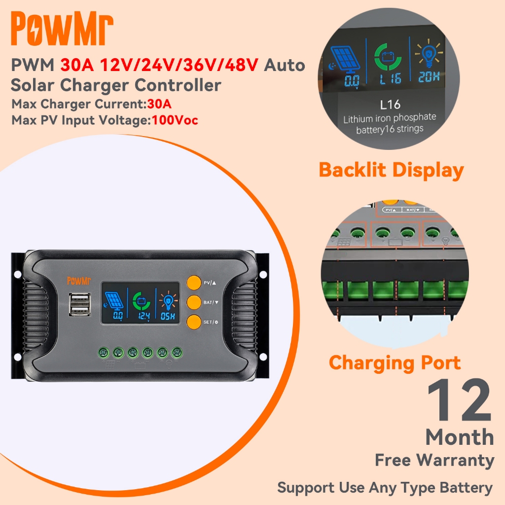 【Official Store】PowMr PWM 30A Solar Charge Controller 12V/24V/36V/48V ...