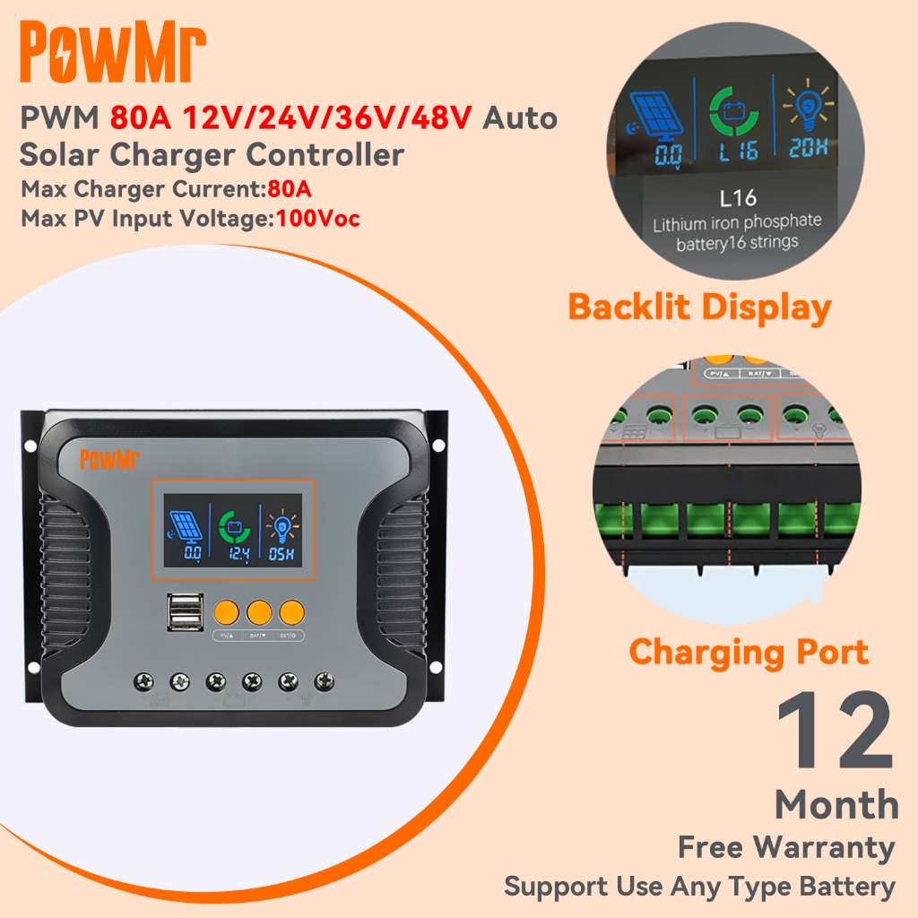 【Official Store】PowMr PWM 80A Solar Charge Controller 12V/24V/36V/48V Automatic Identification ...