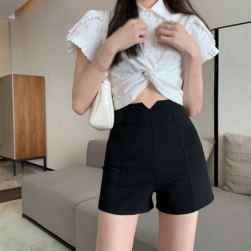 Women's high-waisted shorts black solid color simple Korean casual ...