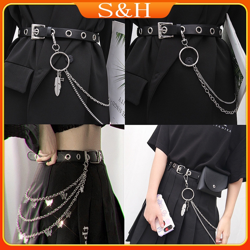 New Women Punk Chain Fashion Personality Cutout Punch-free Leather Belt ...