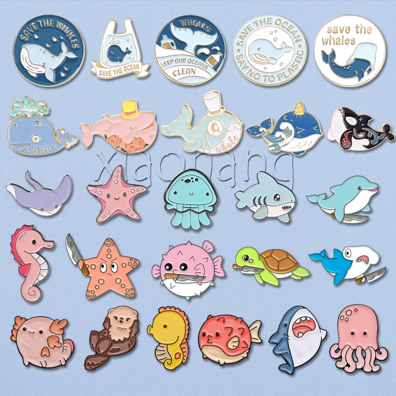 Cute Marine Life Enaml Pins Sea Hippocampus Starfish Shark Brooch Lapel ...