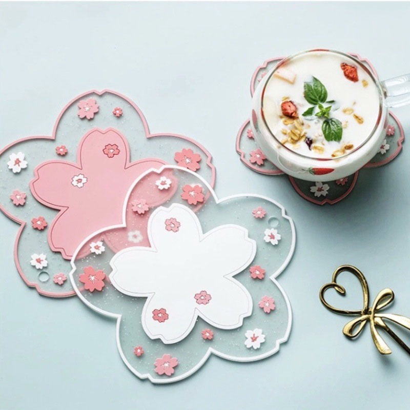 1PCS Cute White/Pink Sakura Coaster Heat Insulation Table Mat Non-slip ...