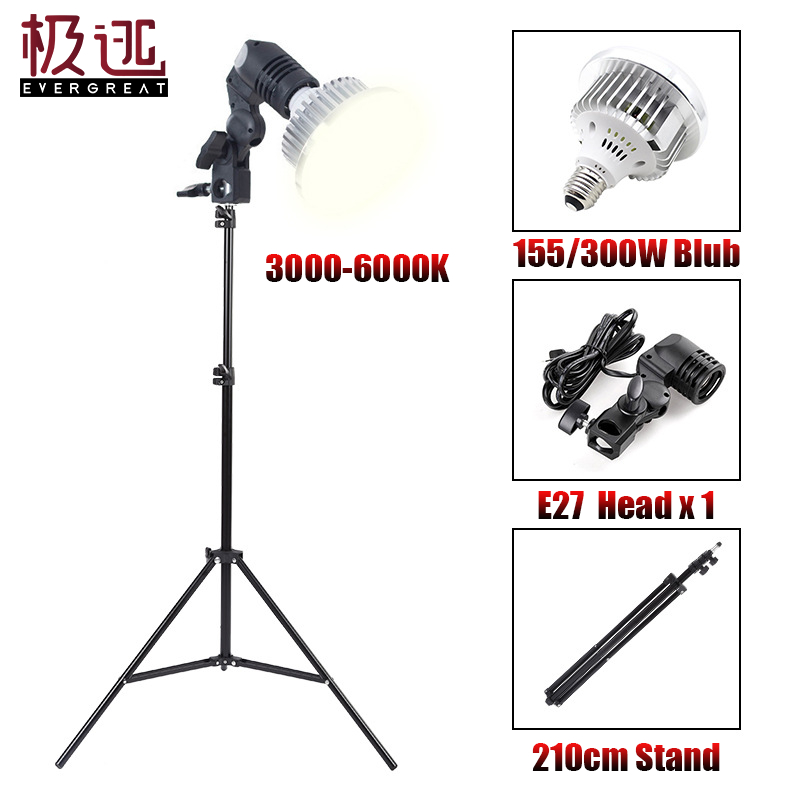155/300W Professional E27 Light Bulb 3000-6000K With 210cm Stand Photography 3 Color Lighting ...