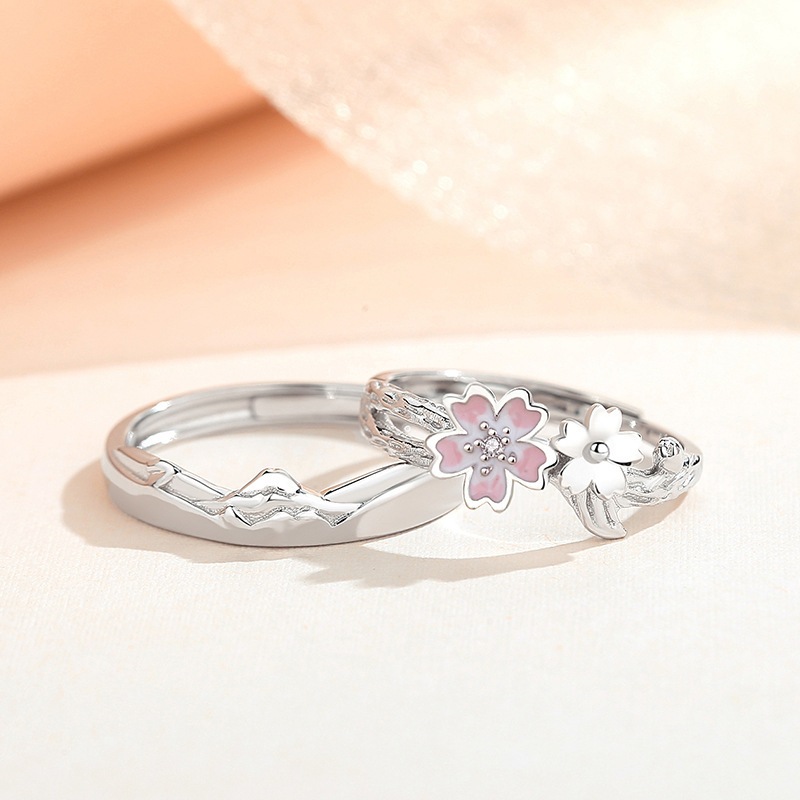 Mount Fuji and Cherry Blossom Pattern Couple Ring Fashion Pink Flowers ...