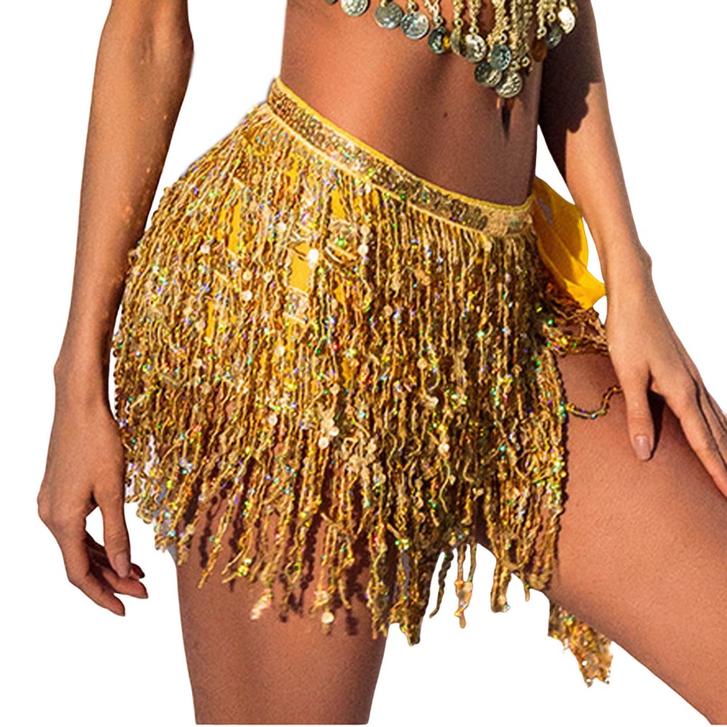 Women's Sequin Tassel Skirt Rave Fringe Hip Scarf Boho Belly Tribal Fusion Skirt Sparkly Sequin ...
