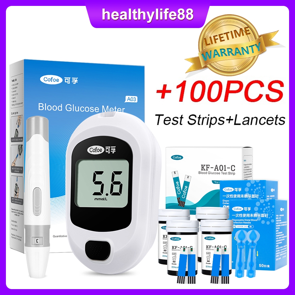 Cofoe Blood Sugar Test Kit Complet Set with 100pcs Glucometer Strips ...