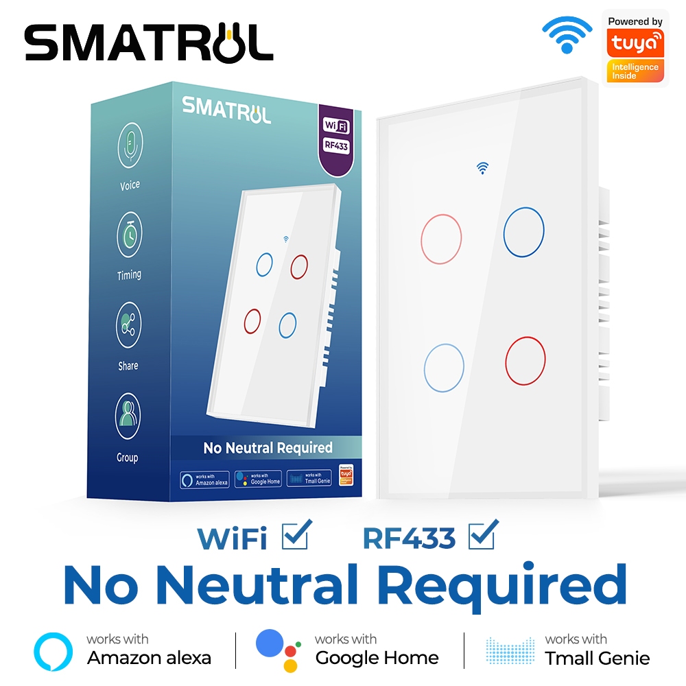 SMATRUL Tuya Wifi Smart Touch Switch Light No Neutral Wire 1/2/3/4 Gang RF433 Remote On Off 110V ...