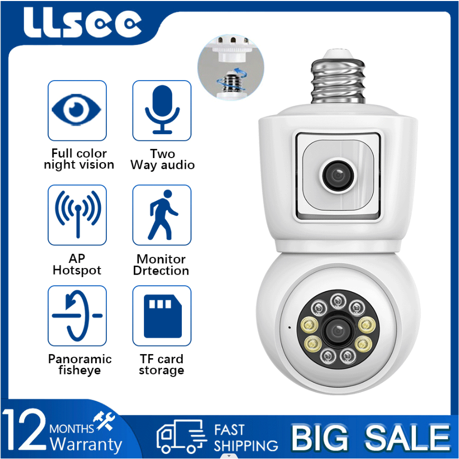 LLSEE ICSEE 4MP Dual Lens Lampholder PTZ Camera WIFI Wireless Phone ...