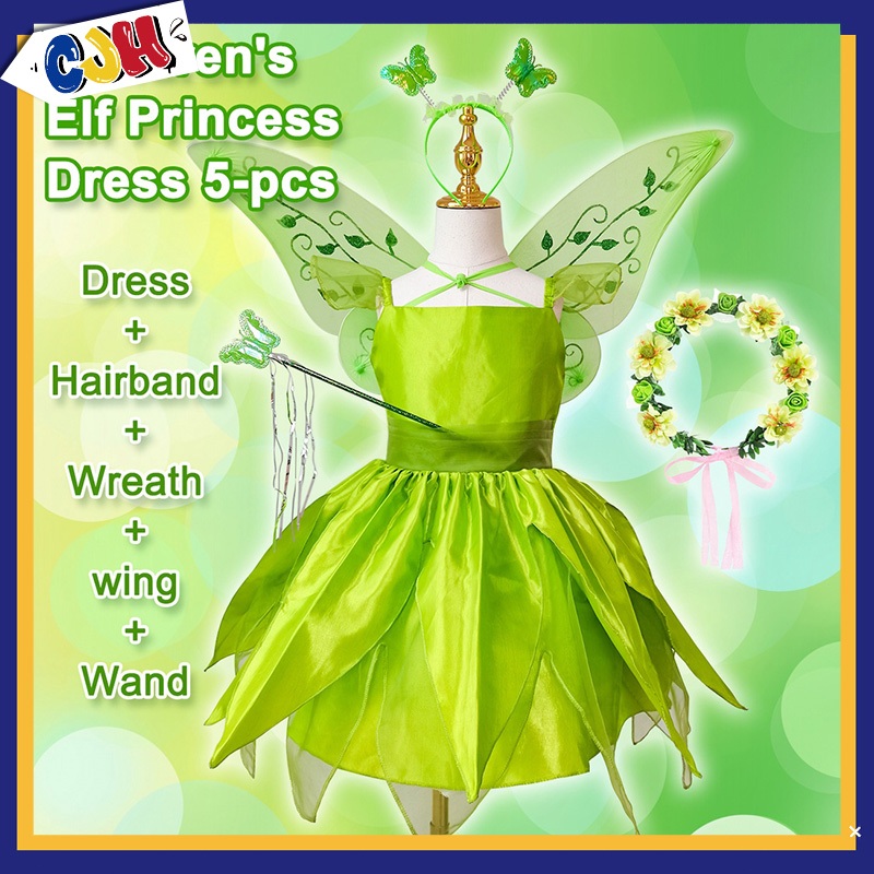 Tinker Bell Costume for Kids Girls Halloween Green Elf Flower Fairy ...