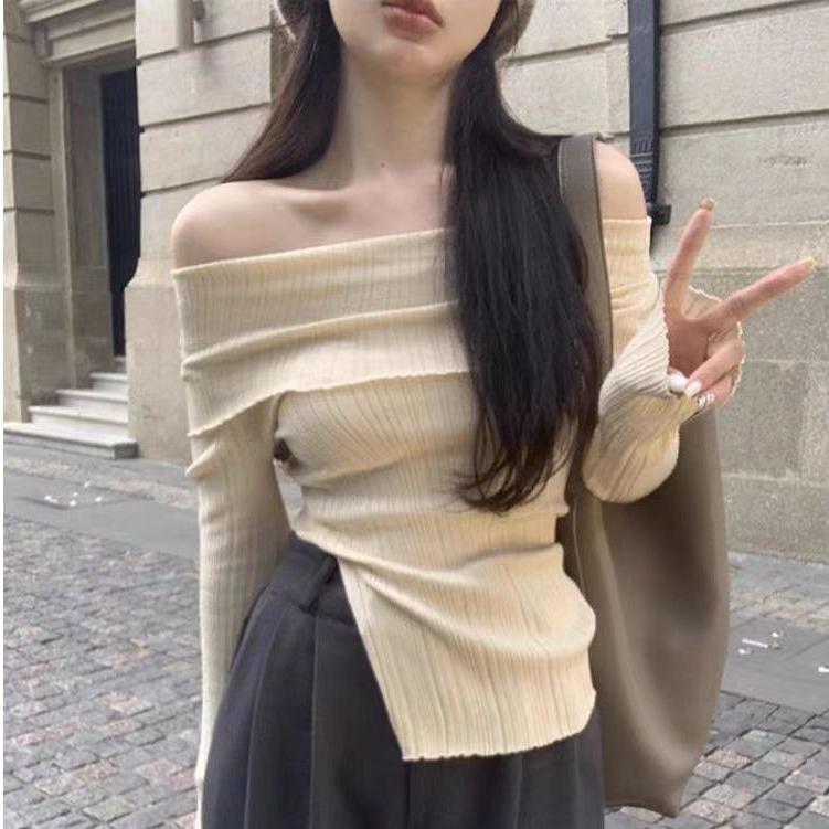 Spice Girl Off Shoulder Long Sleeve Knitted Undercoat Women's Black Sexy Irregular Slim Short ...