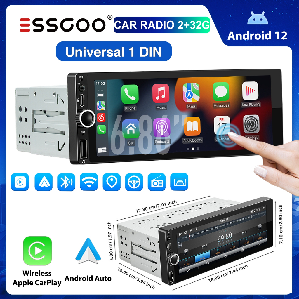 ESSGOO Carplay Android Auto Single 1Din Universal Android Car Player 2 ...