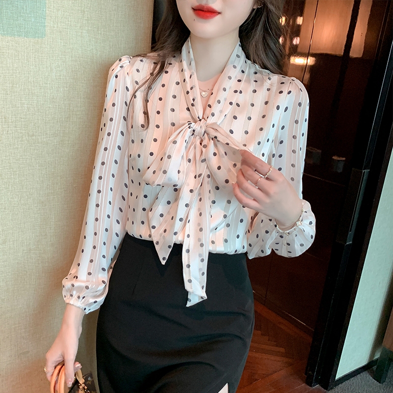 AFEG Korean V-neck bow fashion loose temperament polka dot chiffon long ...