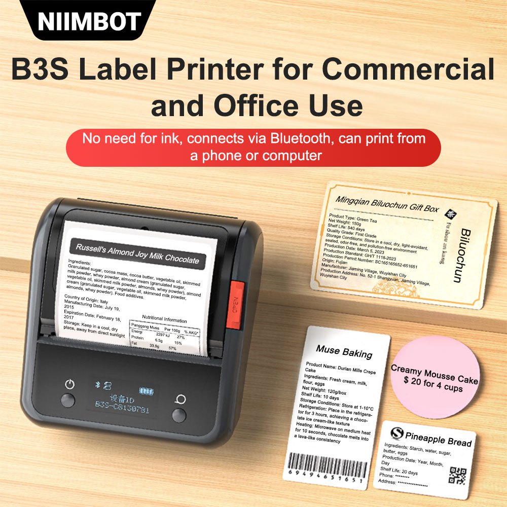 NIIMBOT B3S Portable Thermal Label Printer Inkless Bluetooth Printing Barcode QR Code Label ...