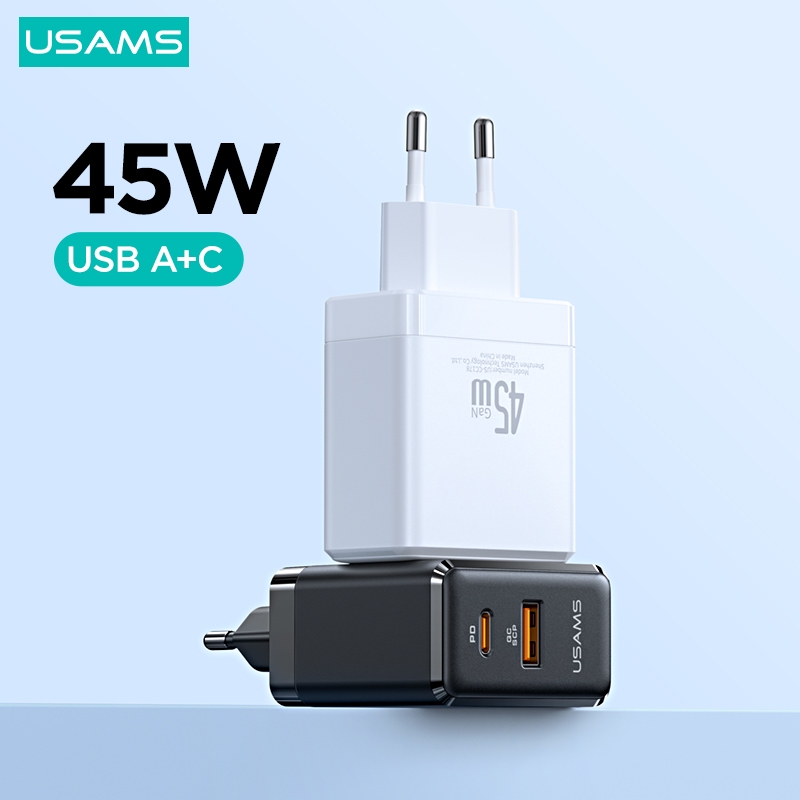 USAMS T54 45W Type C USB-A Ports GaN Fast Charger EU Plug Portable ...