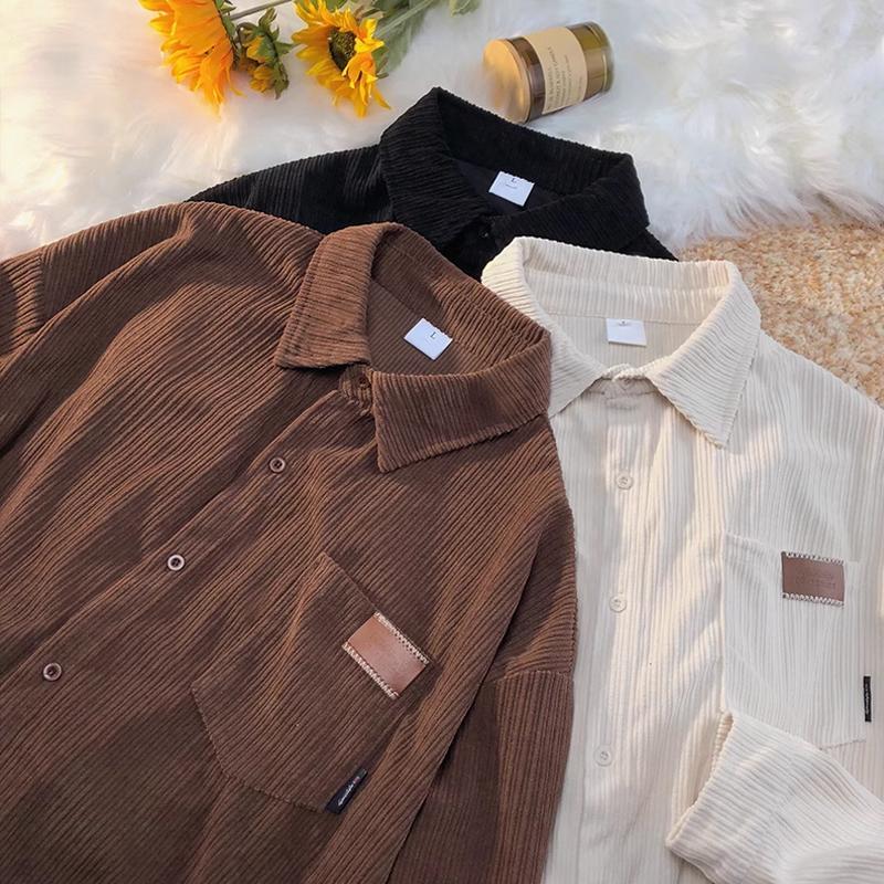 Korean Style Long Sleeve Corduroy Shirt For Men Vintage Polo Lapel