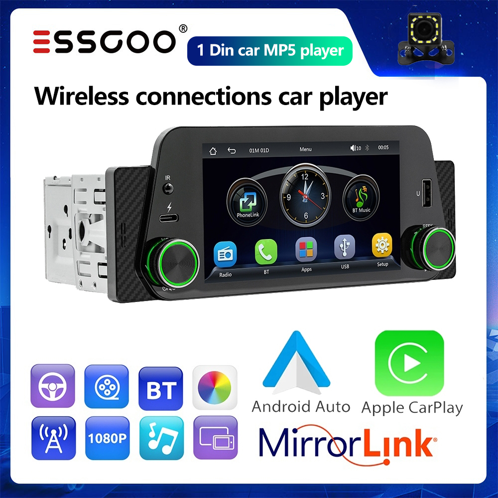 ESSGOO 5" Single 1 Din Wireless link Carplay Android Auto Mirrorlink Car Stereo Radio MP5 ...