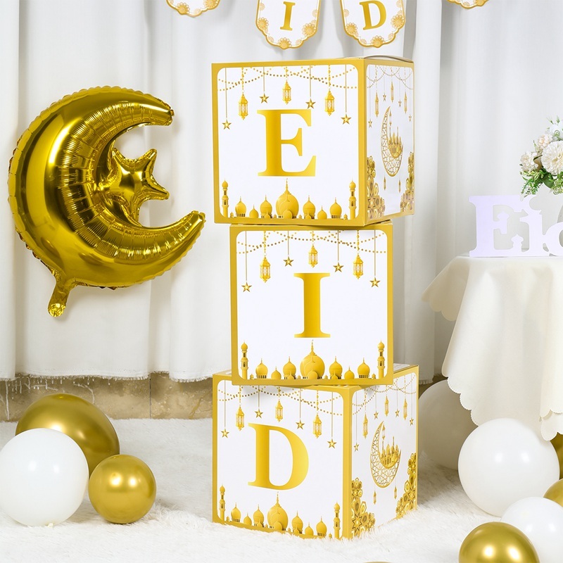 3pcs 27CM White Gold Eid Mubarak Decoration Boxes Eid Paper Boxes with ...