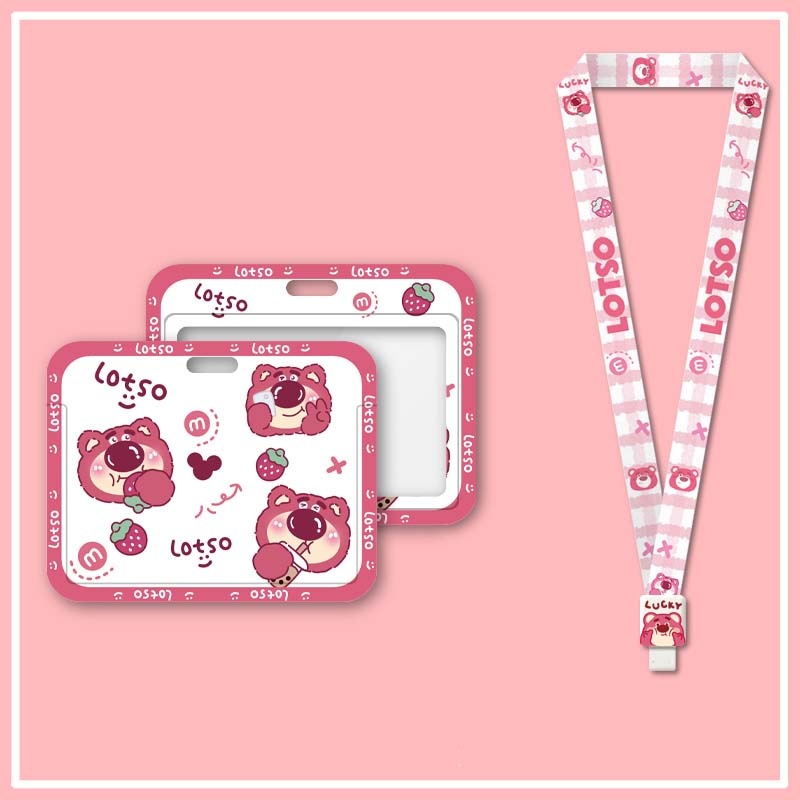 Cute Strawberry Bear Card Case with Long Rope Card Holder Retractable ...