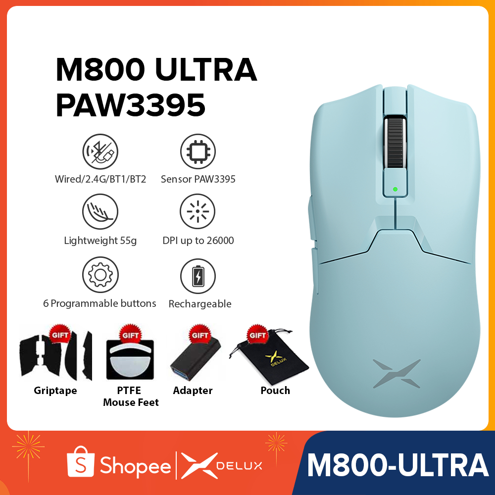 Delux M800 Ultra PAW3395 Gaming Mouse MAX 26000DPI Wired 2.4G Bluetooth Wireless 600mAh ...