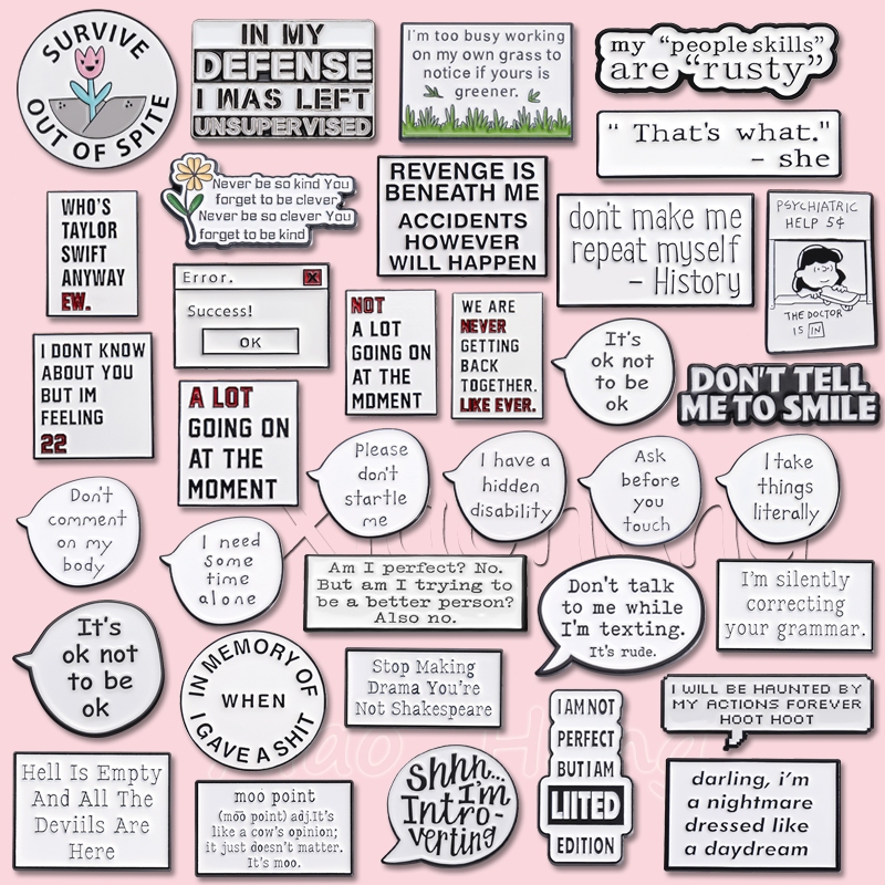 Inspirational Quotes Enamel Pins Brooches Letter Texts Pin Black White ...