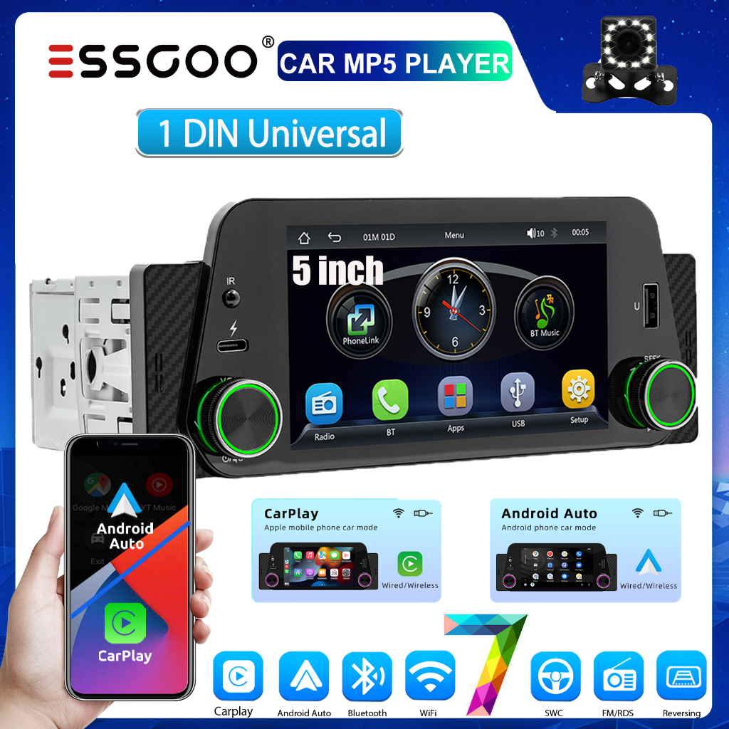 ESSGOO Universal Wireless Carplay Android Auto 1 Din 5" Car Player ...