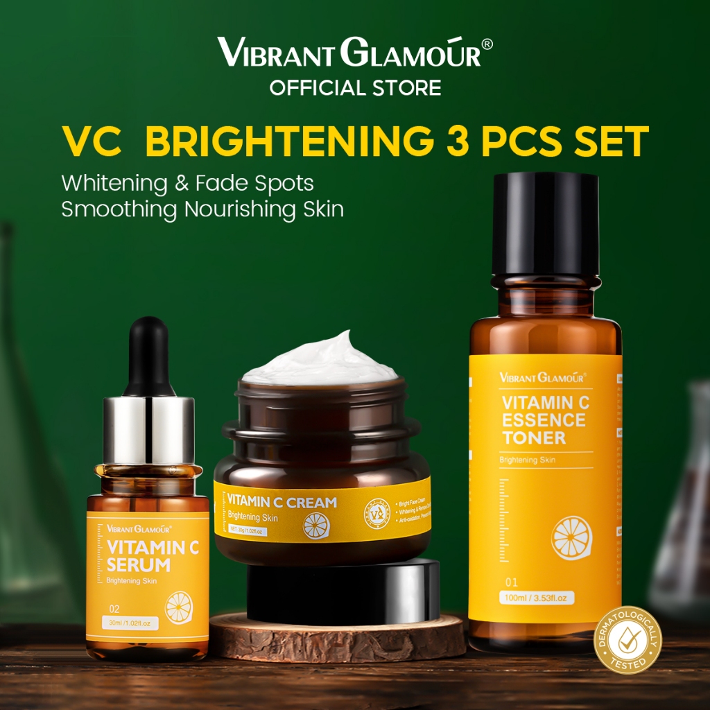 VIBRANT GLAMOUR Vitamin C Whitening Set VC Facial Essence Toner + Serum +Cream Fading Dark Spots ...