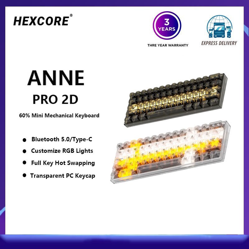 HEXCORE ANNE PRO 2D Mini Mechanical Keyboard Wired/Bluetooth 60% Layout RGB Transparent Keyboard ...