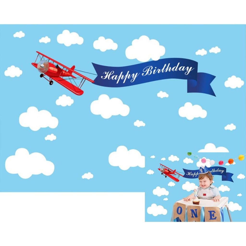 7x5ft Happy Birthday Red Plane Backdrop Cartoon Plan Blue Sky White ...