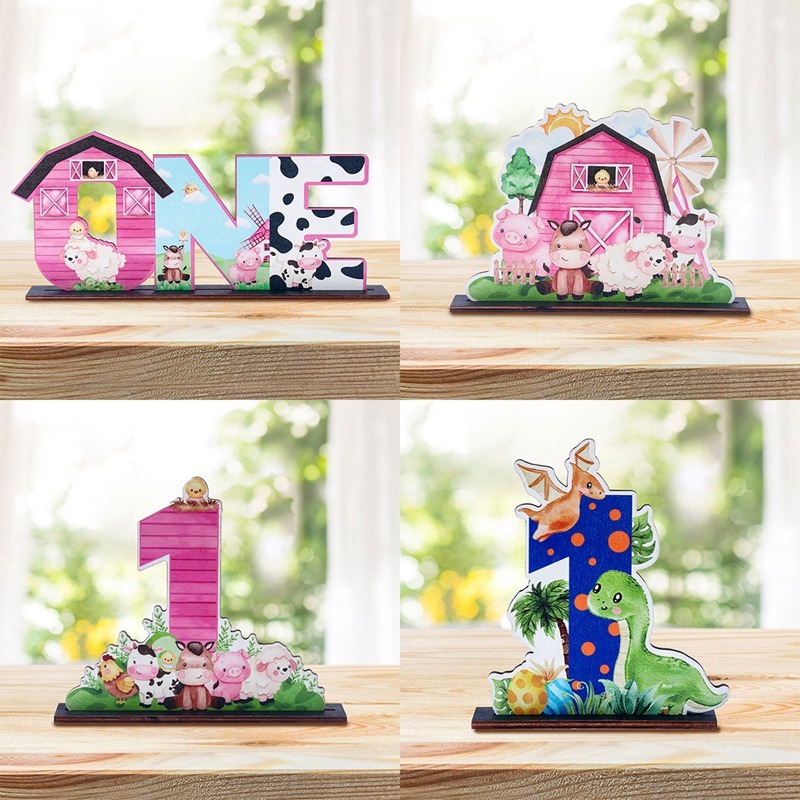 Cute Pink Farm Themed Wood Stand Wild ONE Stand Pink Animals Table ...