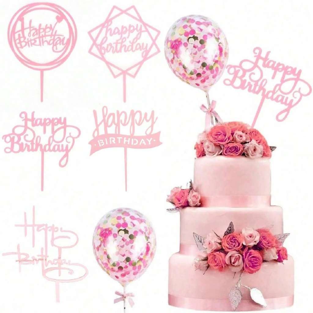 6Pcs/set Pink Birthday Cake Topper Set, Acrylic Cake Topper with ...
