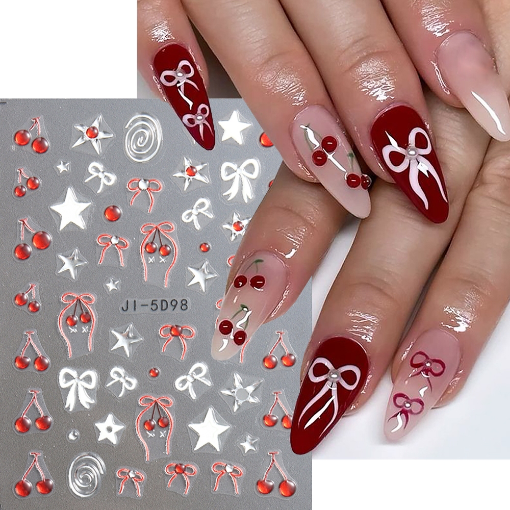 5D Embossed Nail Stickers Cherry Bow Star Nail Sliders Y2K Butterfly ...