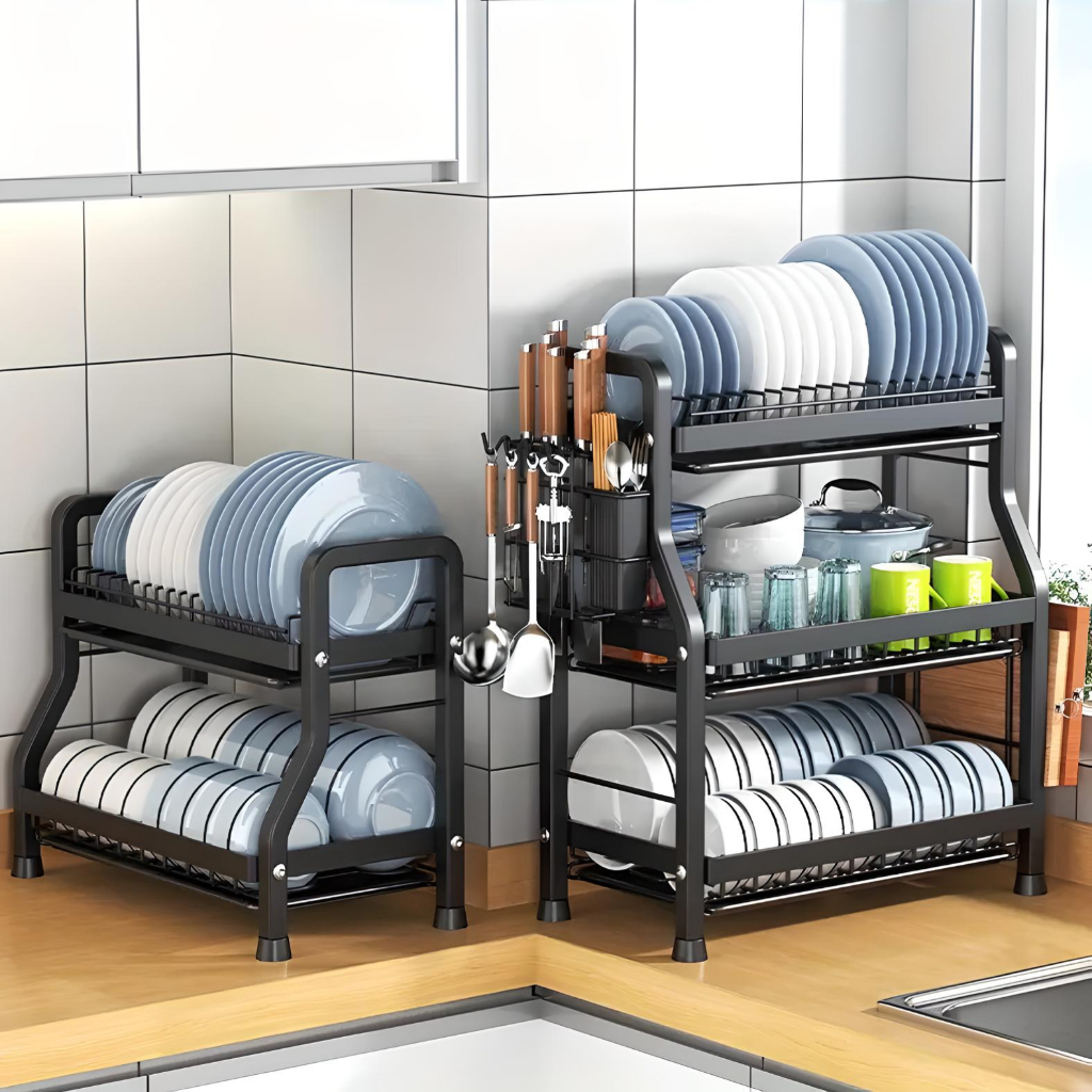 Black Color Dish Rack Plate Organizer For Kitchen Coutertop R Shape ...