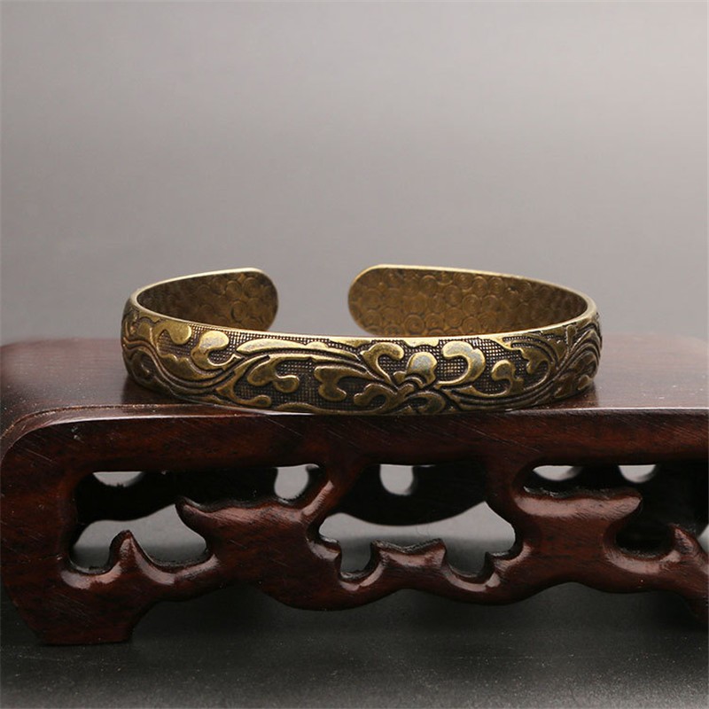 Retro Brass Flower Pattern Princess Bangle Classic Pure Copper Open ...