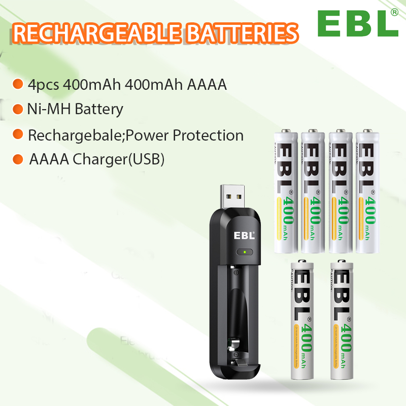 EBL 4pcs 400mAh Ni-MH 1.2V AAAA Rechargeable Battery with AAAA Charger ...